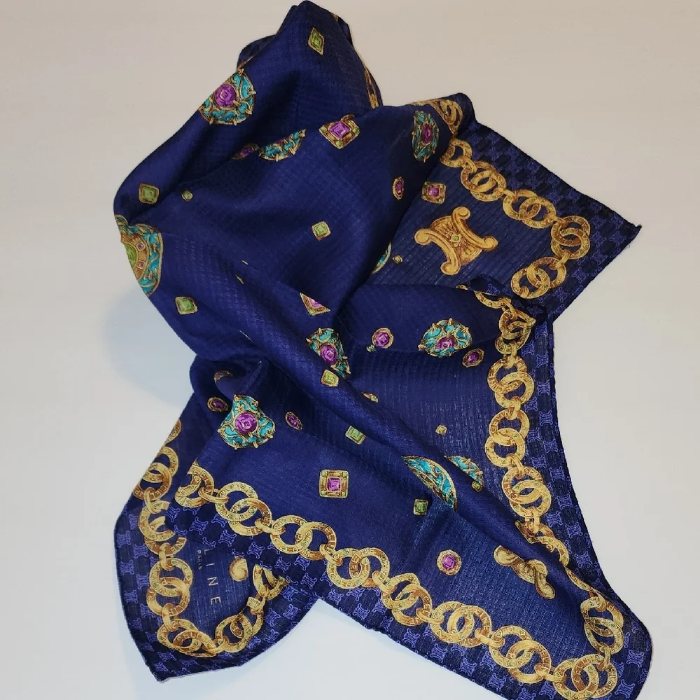 Celine | Accessories | Celine Navy And Gold Chain Pattern Scarf | Poshmark